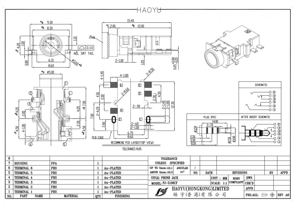 HOOYA PJ-3106CF phone jack technical drawing