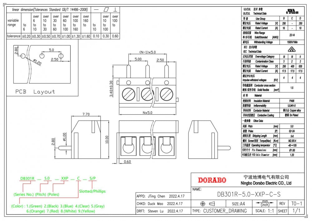 DORABO DB301R-5.0-3P-BU-S technical drawing