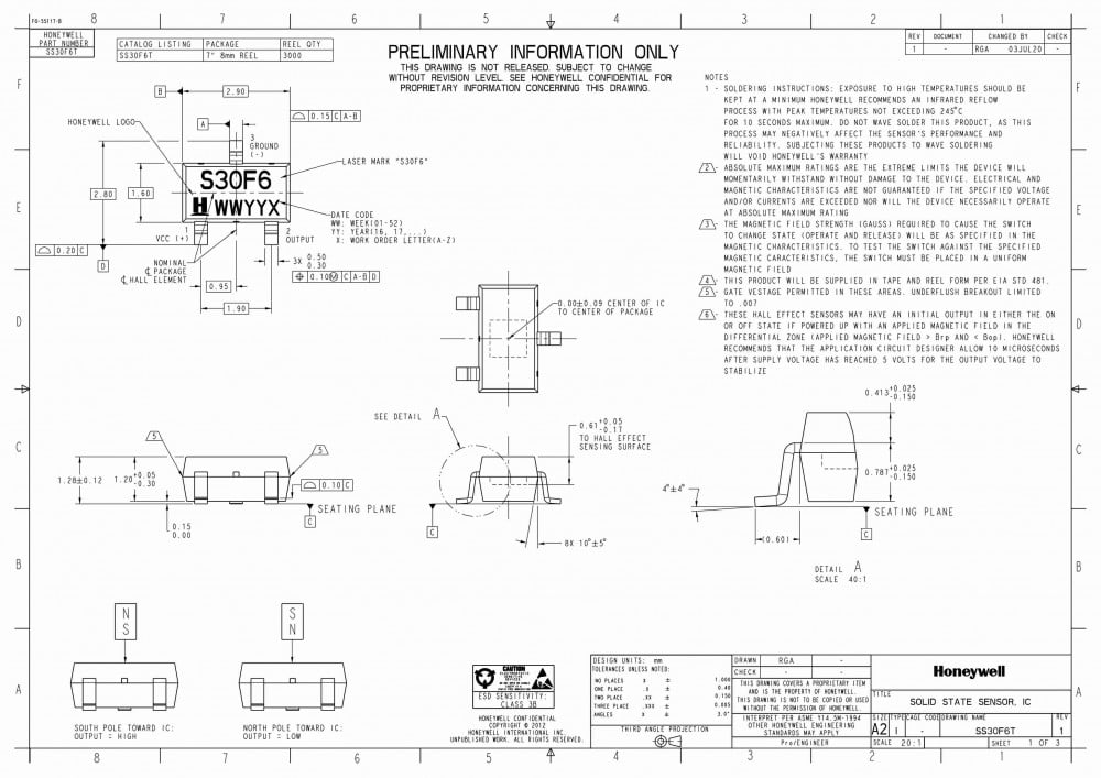 Honeywell SS30F6T technical drawing page 1