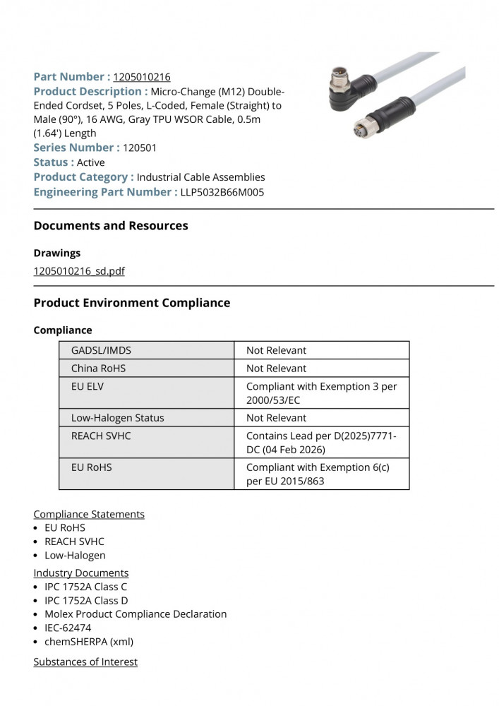Molex 1205010216 product drawing, page 1