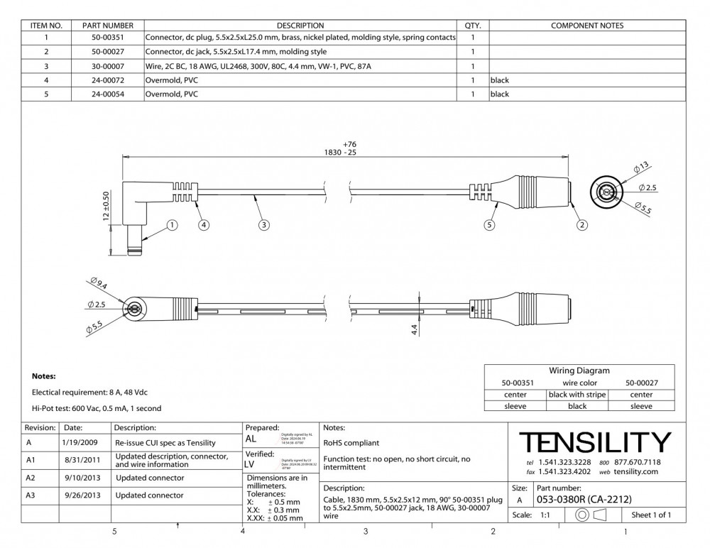 053-0380R cable assembly technical drawing