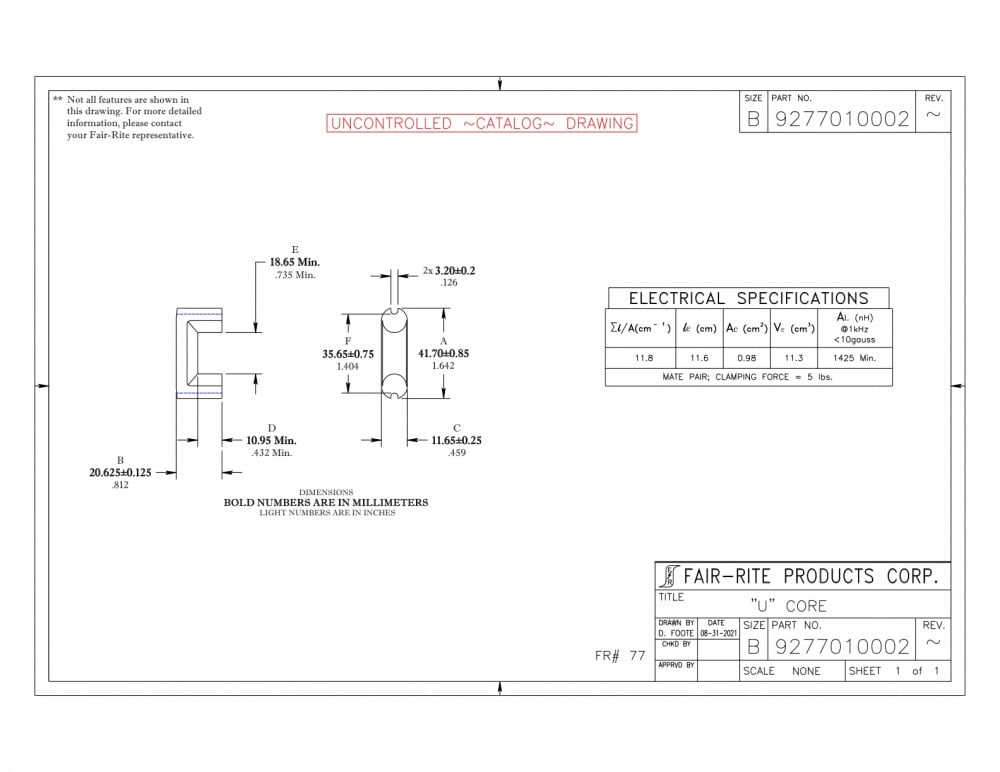 Fair-Rite 9277010002 U-core drawing preview