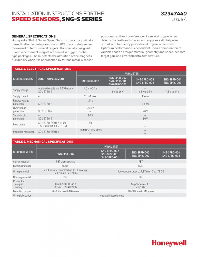 Honeywell SNG-S Series installation instructions page 1