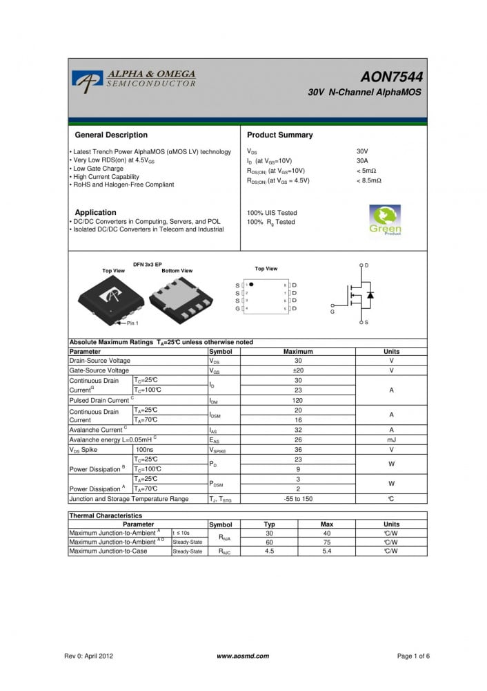 AON7544 datasheet page 1