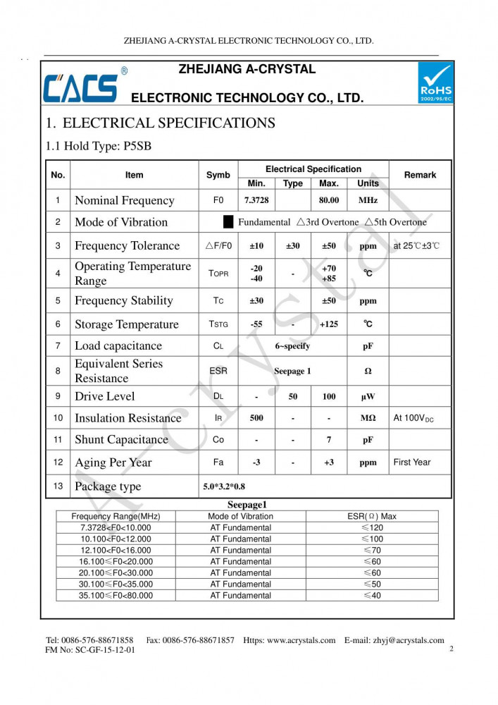 P5SB specification document, page 2