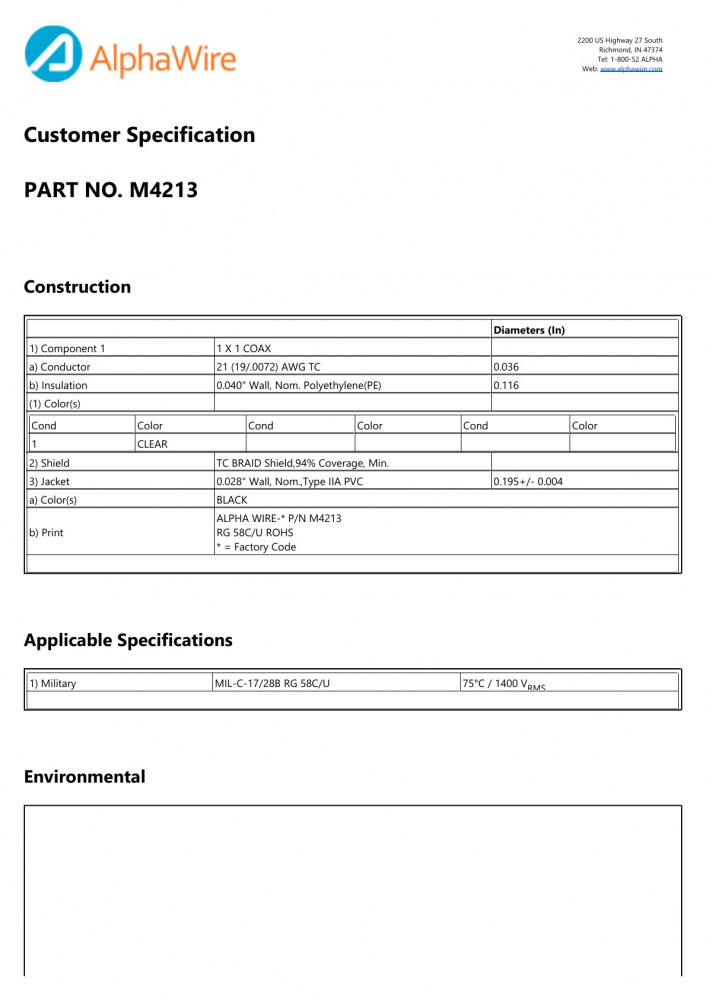 Alpha Wire M4213 specification page 1