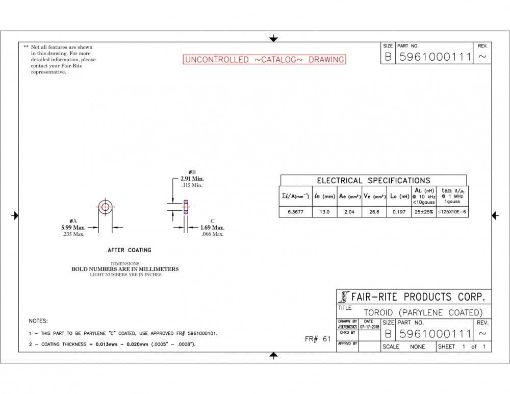 Fair-Rite 5961000111 technical document preview
