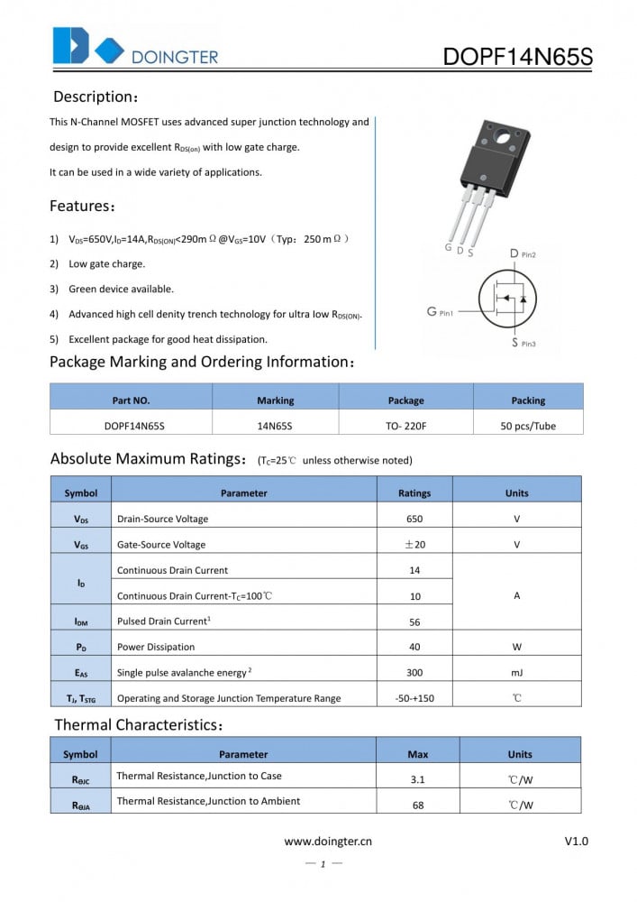DOPF14N65S datasheet page 1