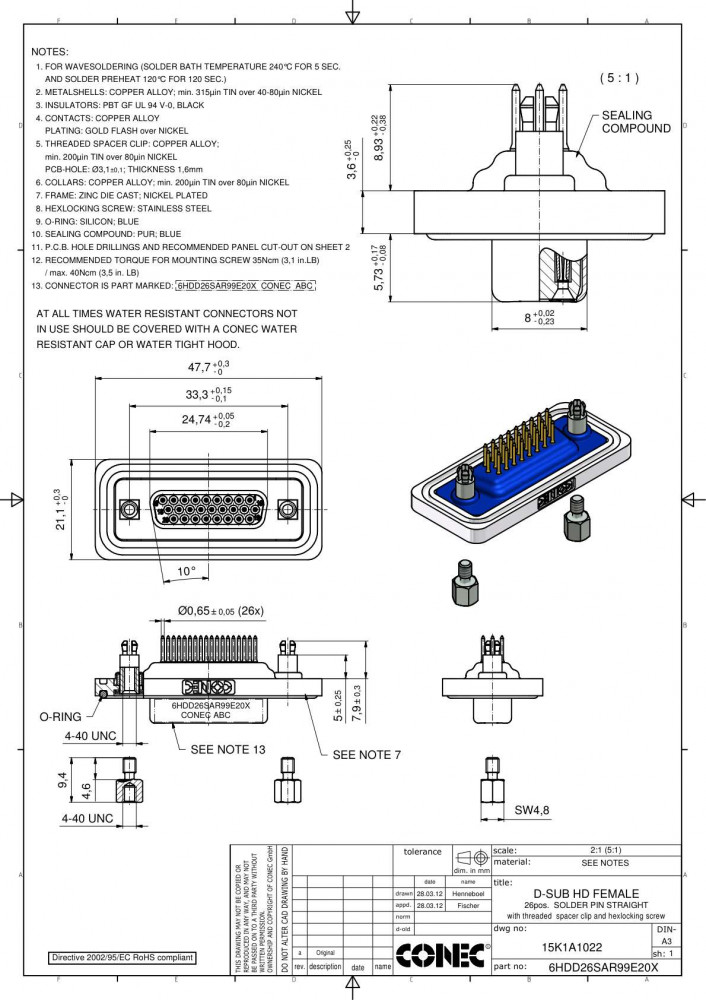 Conec 6HDD26SAR99E20X product drawing, sheet 1