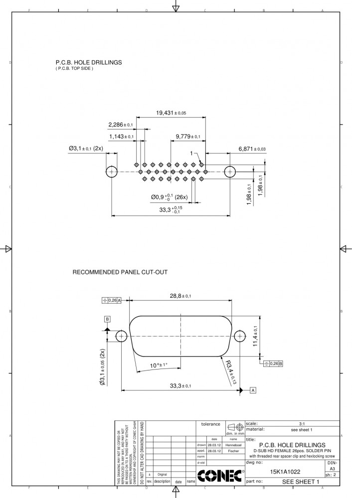 Conec 6HDD26SAR99E20X PCB drilling and panel cut-out drawing, sheet 2