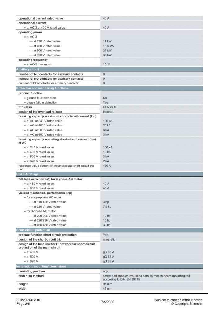3RV20214FA10 technical document page 2