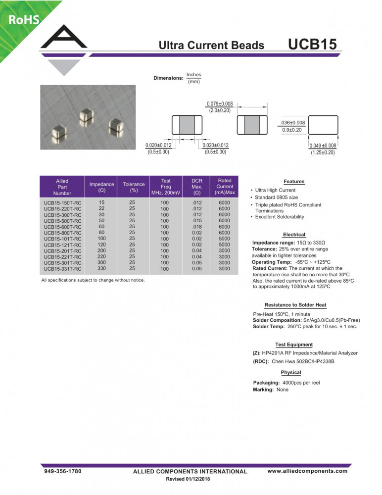 UCB15 series product specification page