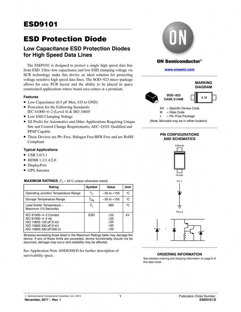 SZESD9101P2T5G datasheet page 1