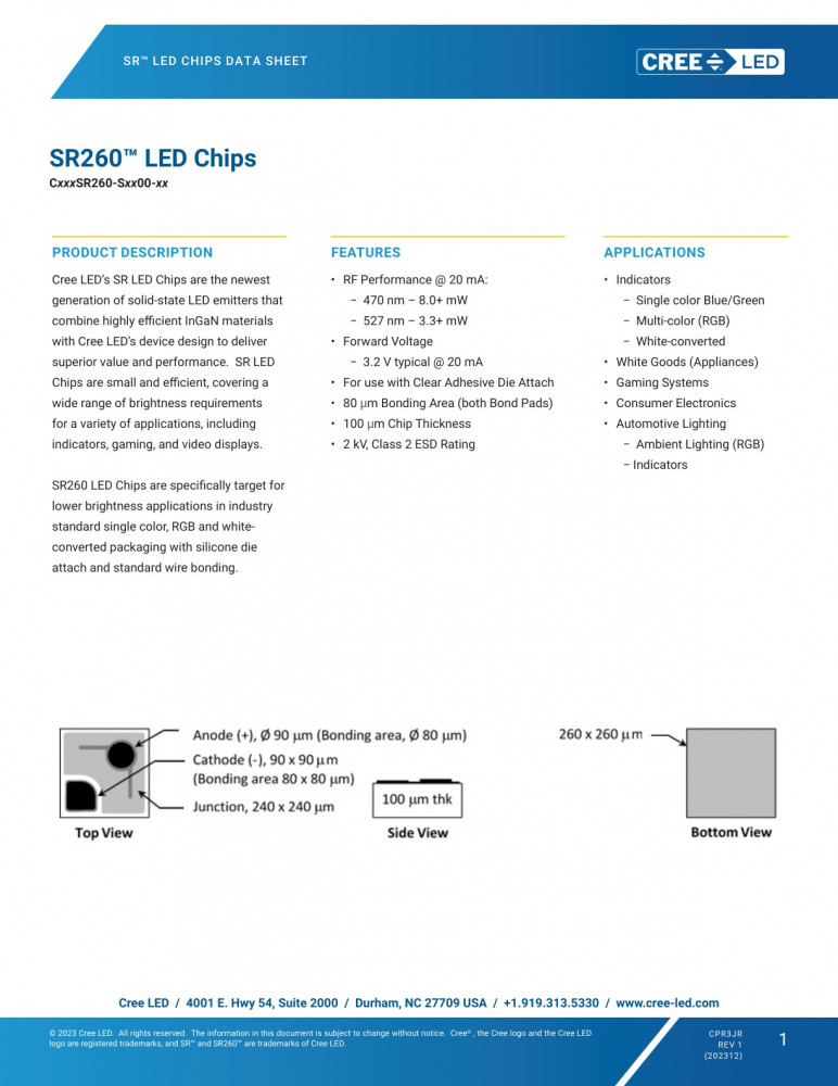 SR260 LED chip datasheet page 1