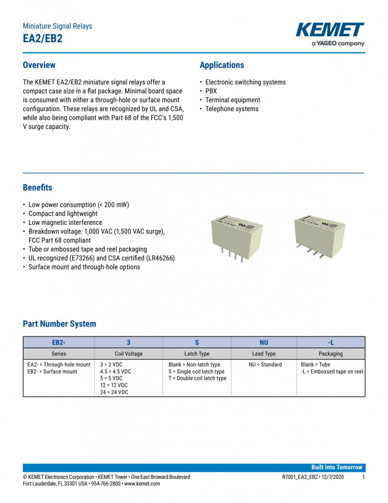 KEMET EA2 EB2 relay datasheet page 1