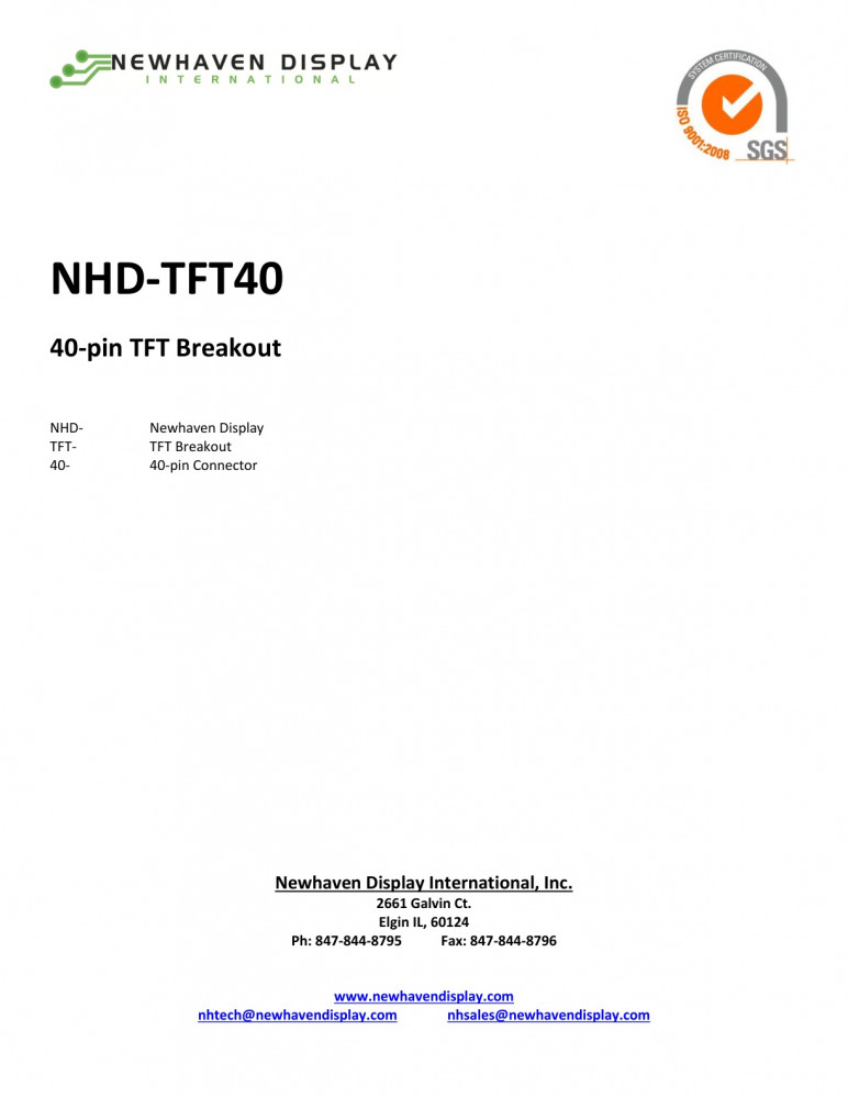 NHD-TFT40 datasheet page 1