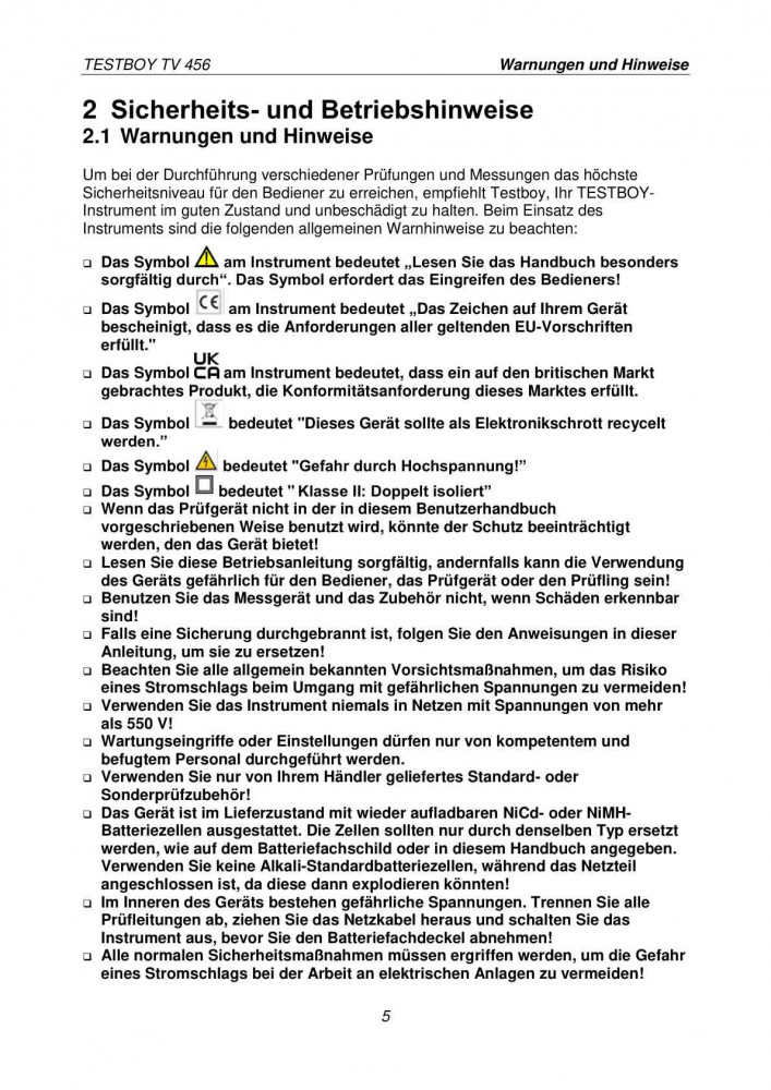 TESTBOY TV 456 manual page 5