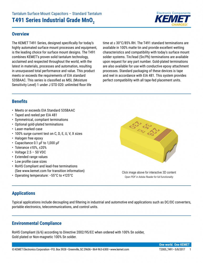 KEMET T491 datasheet page 1