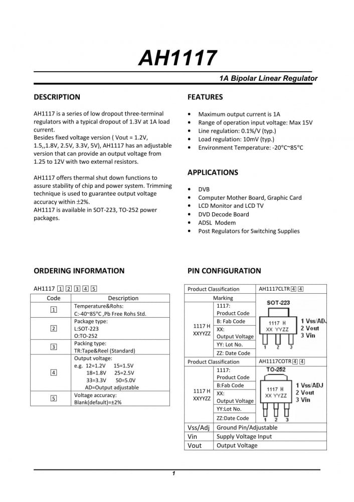 AH1117 datasheet page 1