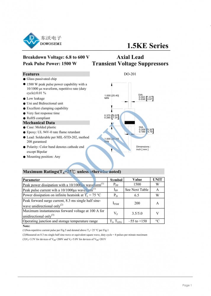 DOWO 1.5KE series datasheet page 1