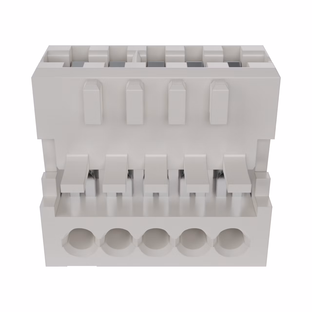 Appli-Mate RAST 2.5 IDT Housing, 2.50mm Pitch, Female, 5 Circuits, Beaded Terminal, Position Keys A & F Removed, Slotted Endwalls, Polarizing Rib Between Circuits 2 & 3 for sale