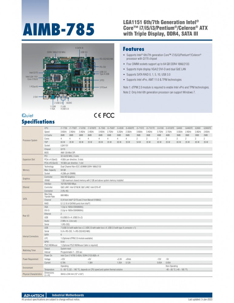AIMB-785G2-00A1E technical datasheet page 1