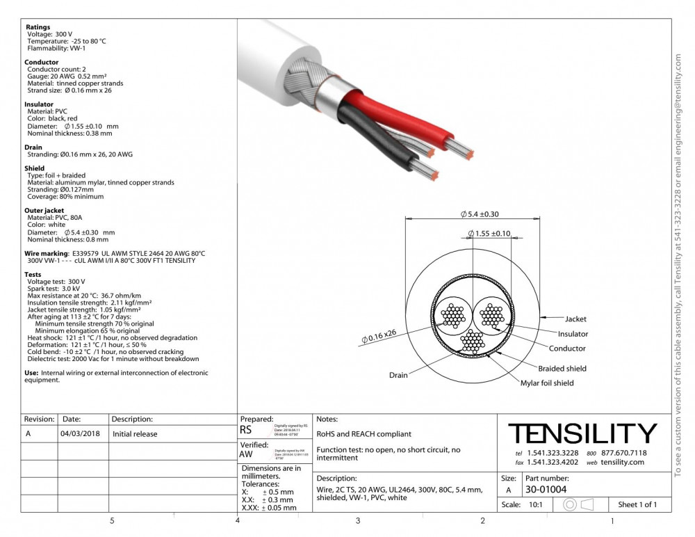 Technical drawing and specification page for Tensility International cable 30-01004
