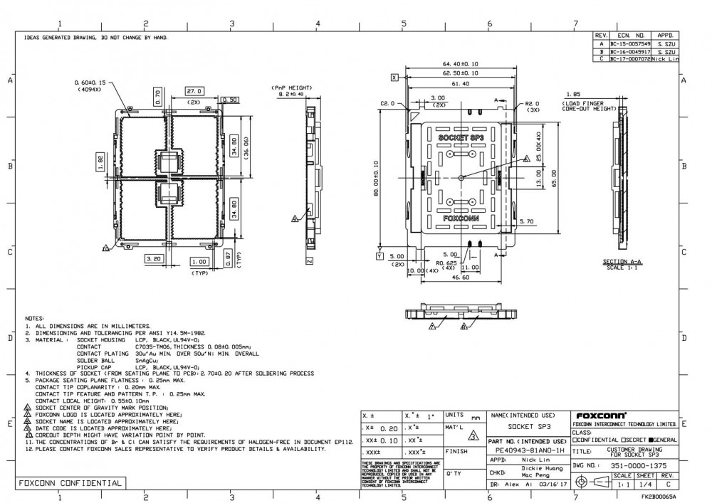 FOXCONN PE40943-81AN0-1H Socket SP3 drawing preview