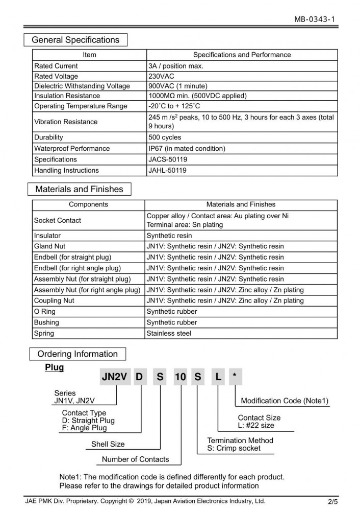 JAE JN1V JN2V datasheet page 2