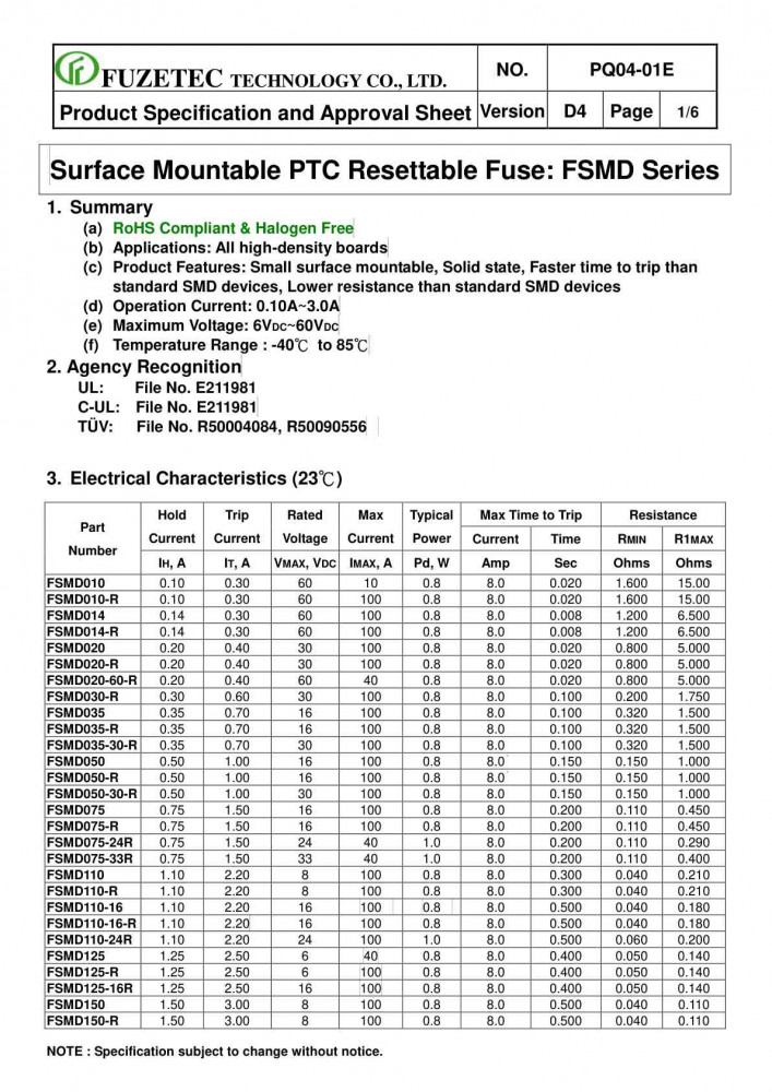 FUZETEC FSMD specification sheet page 1