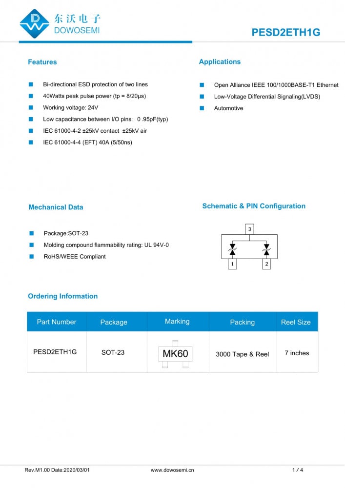 PESD2ETH1G datasheet page 1