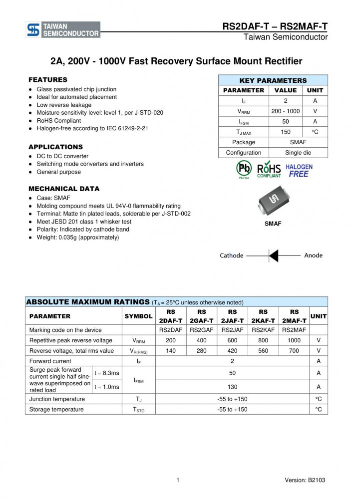 RS2GAF-T datasheet page 1