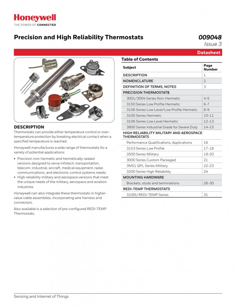 Honeywell thermostat datasheet page 1