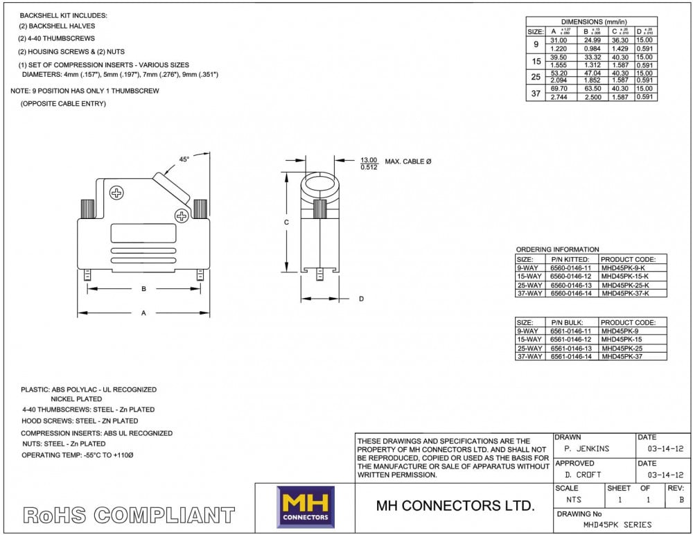 MH CONNECTORS MHD45PK series technical drawing