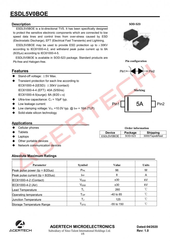 ESDL5V0BOE datasheet page 1