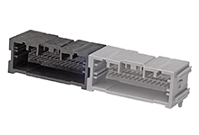 Mini50 Unsealed 3 Bay Right-Angle Headers, 110 Circuits / 80 Loaded, Bay A 38 Circuits / 34 Loaded, 34 x 0.50mm Blades, Polarization C, Dark Gray; Bay B 34 Circuits / 32 Loaded Hybrid, 28 x 0.50mm Blades, 4 x 1.20mm Blades, Polarization A, Black; Bay C 38