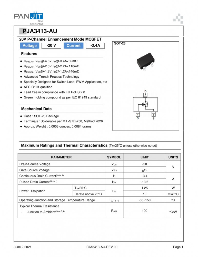 PJA3413-AU datasheet page 1