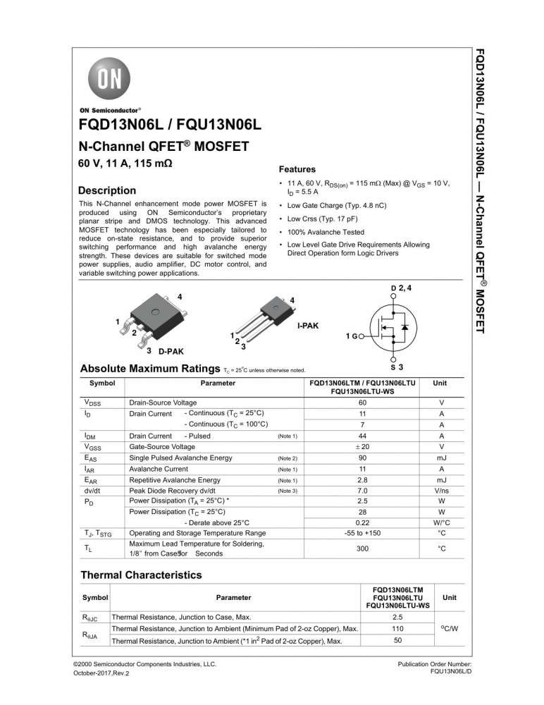 FQD13N06LTM datasheet page 1
