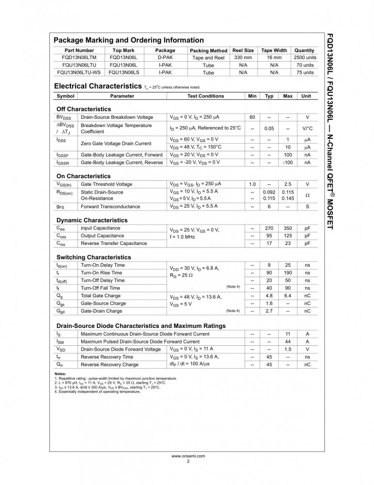 FQD13N06LTM datasheet page 2