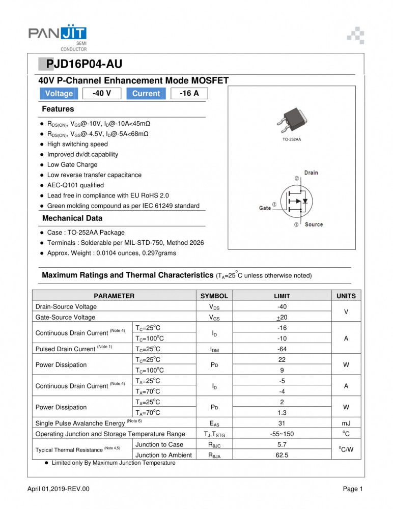 PJD16P04-AU datasheet page 1