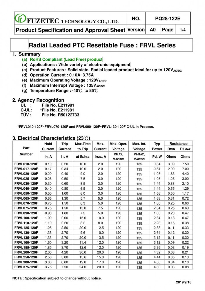 FRVL Series specification sheet page 1