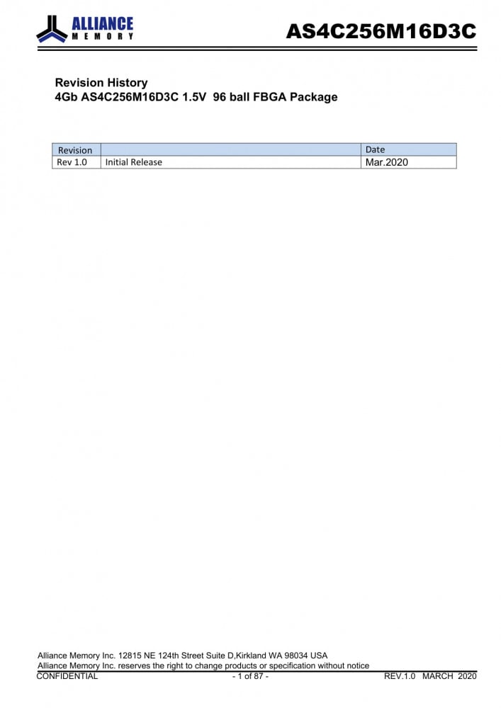 AS4C256M16D3C datasheet page 1
