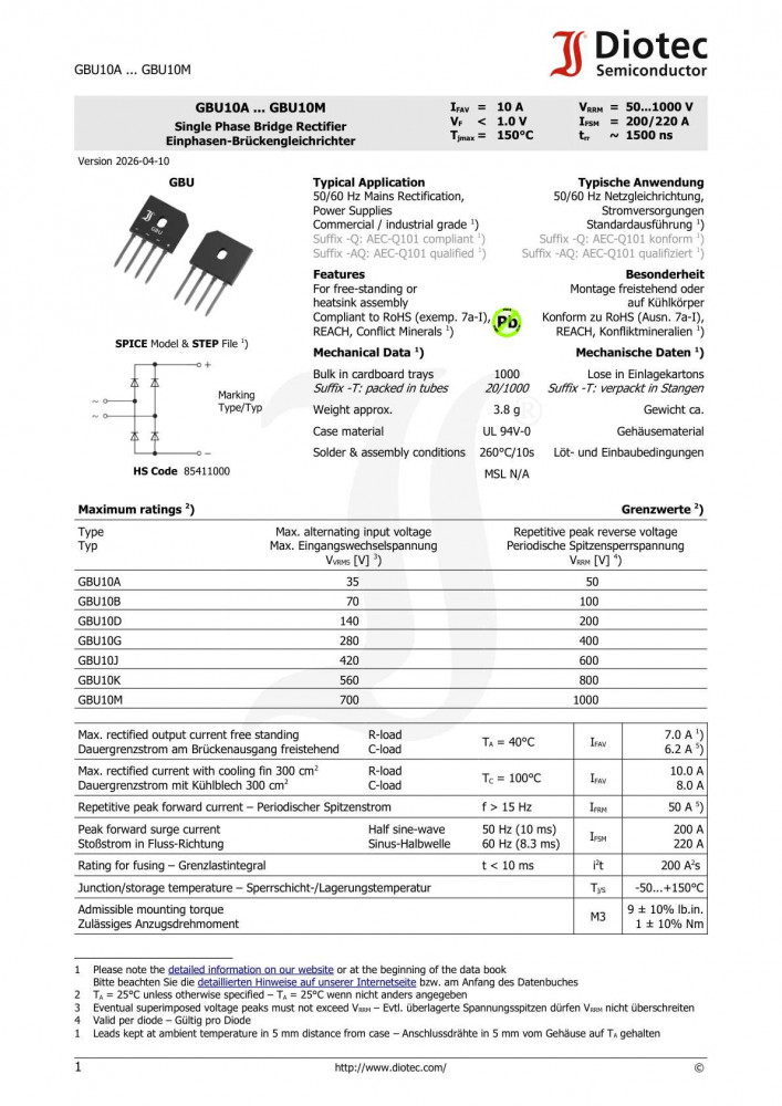 GBU10J datasheet preview, page 1
