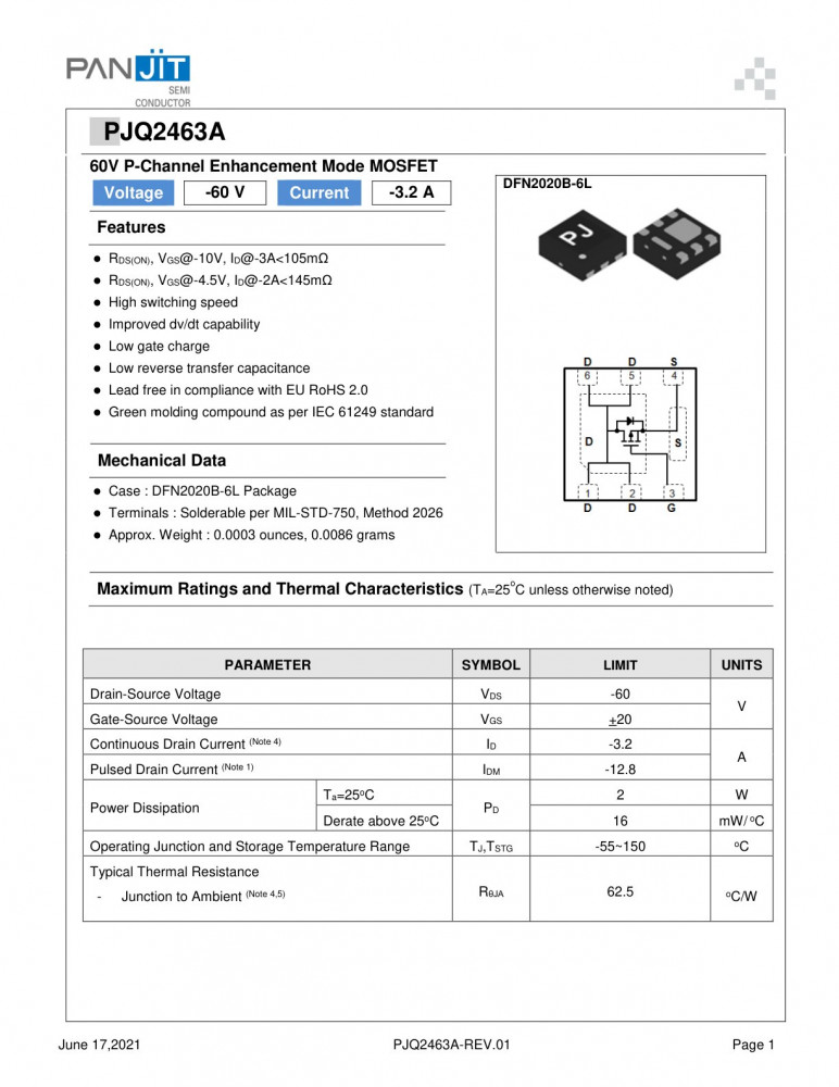 PJQ2463A datasheet page 1