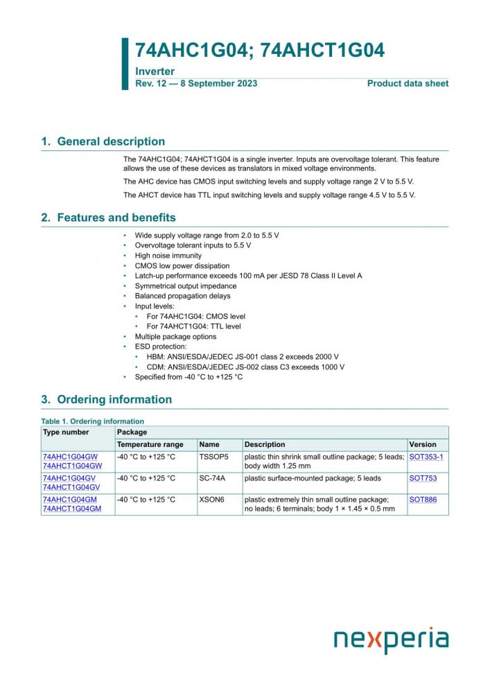 74AHCT1G04GV datasheet page 1