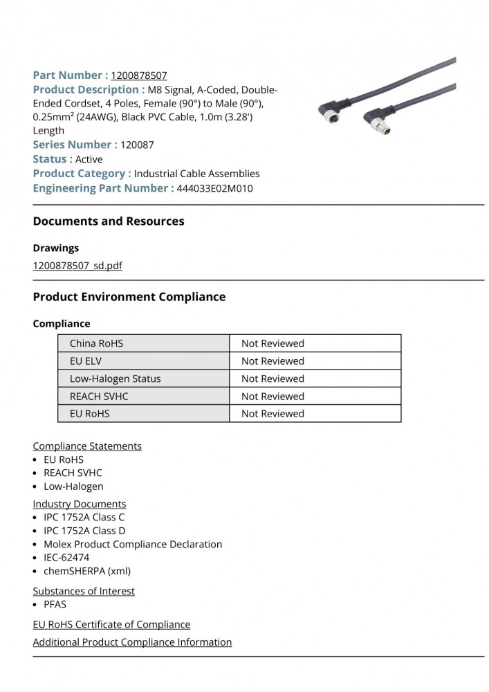 MOLEX M8 angled cable assembly drawing, page 1