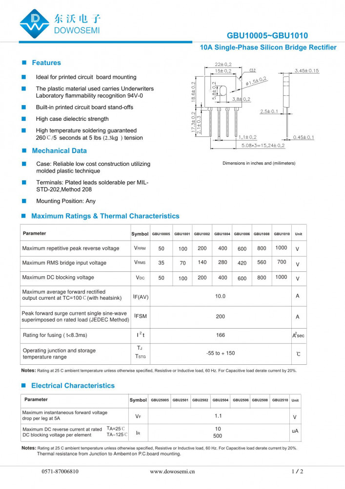 DOWO GBU1010 datasheet page 1