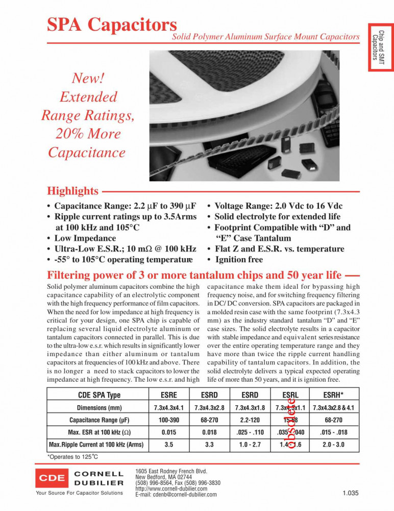 CDE SPA capacitor datasheet page 1
