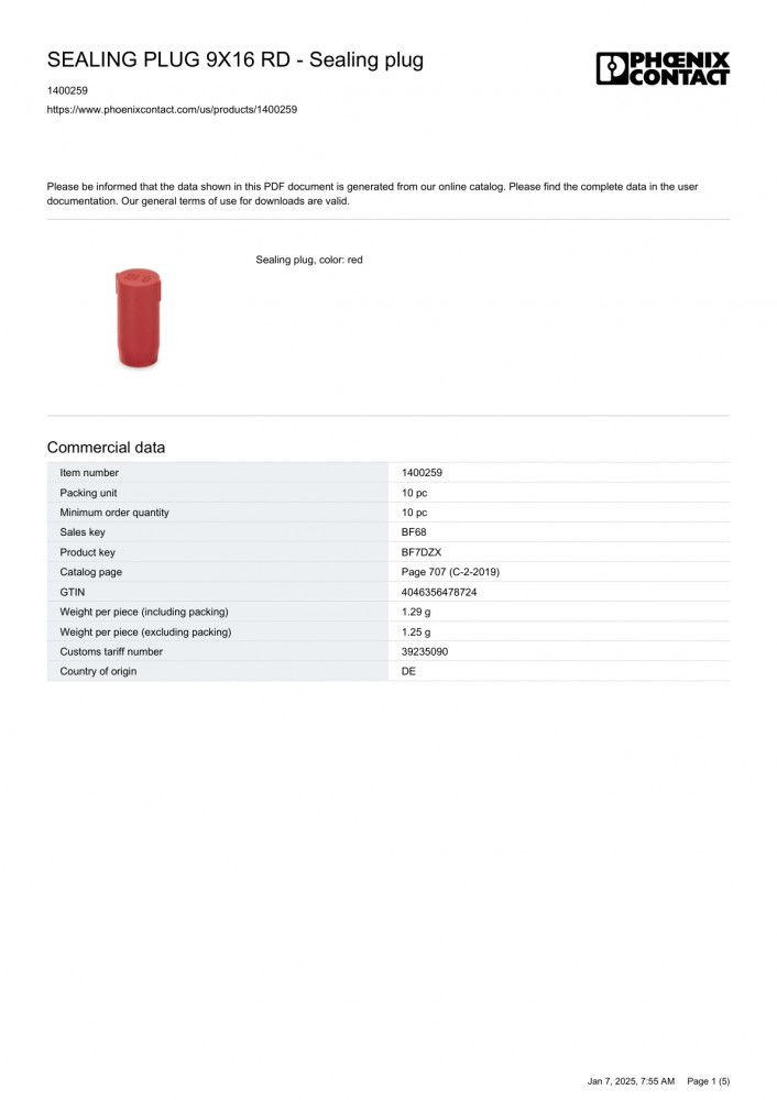 Phoenix Contact 1400259 product document page 1