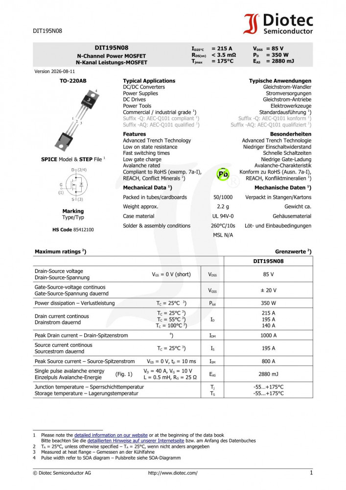 DIOTEC DIT195N08 datasheet page 1